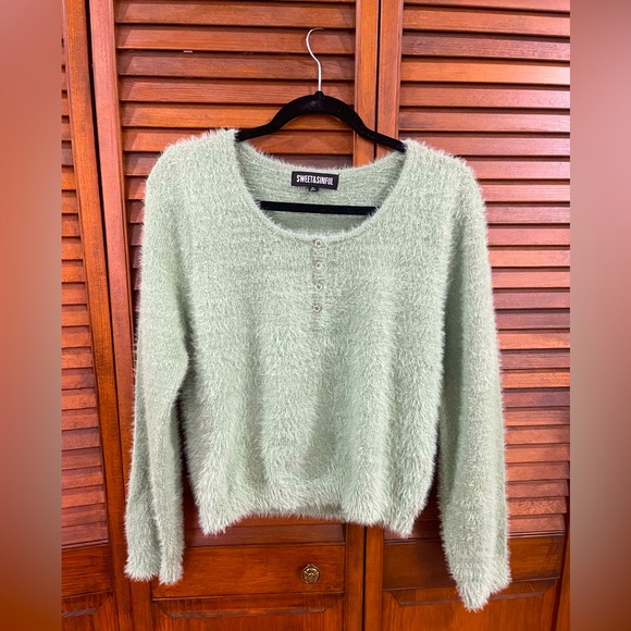 Tops | Sage Green Fluffy Long Sleeve Top | Poshmark